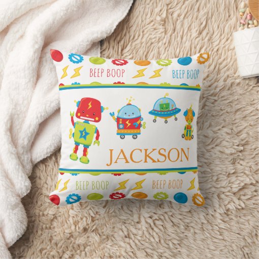 Fun Colorful Robot Beep Boop Pattern Kid Throw Pillow | Zazzle