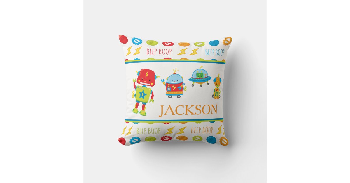 Fun Colorful Robot Beep Boop Pattern Kid Throw Pillow | Zazzle