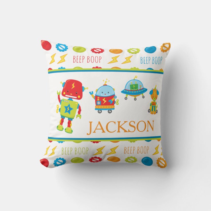 Fun Colorful Robot Beep Boop Pattern Kid Throw Pillow | Zazzle