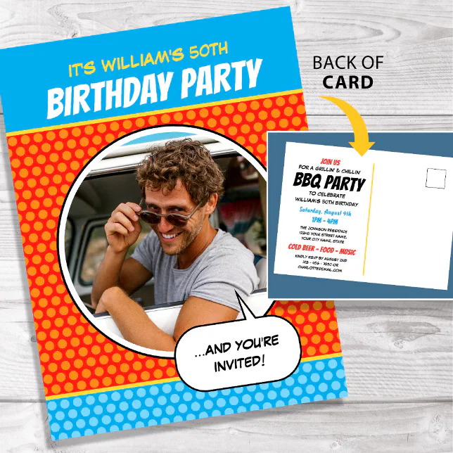 Fun Comic Style Any Age Birthday Party BBQ Orange Postcard | Zazzle
