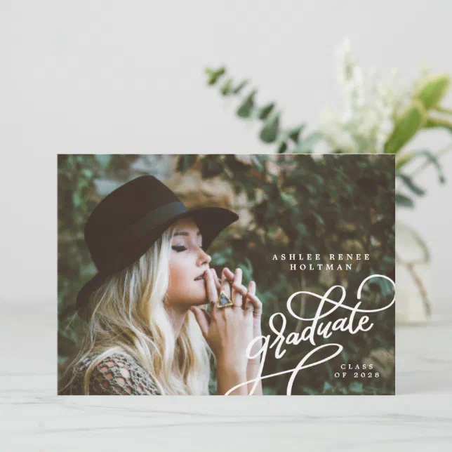 Fun Corner Script Four Photo Grad Announcement | Zazzle