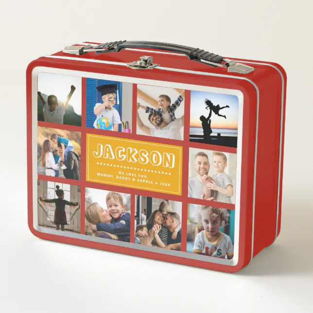 Fun Custom Kids Name Family Photo Collage Yellow Metal Lunch Box | Zazzle