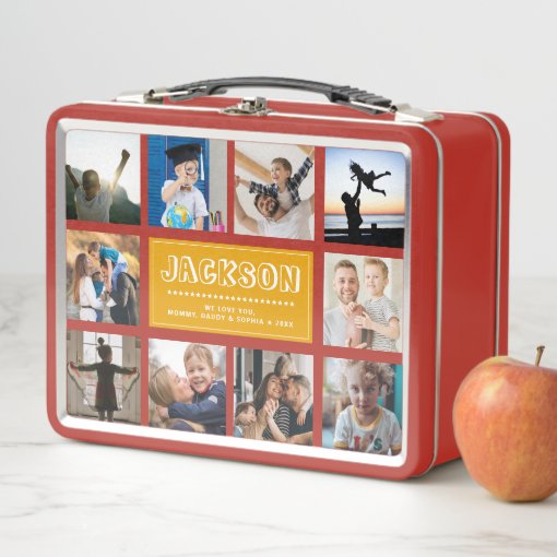 Fun Custom Kids Name Family Photo Collage Yellow Metal Lunch Box | Zazzle