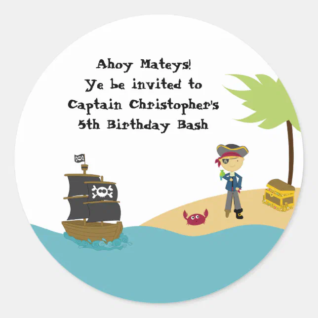 Fun cute boy's pirate birthday party stickers | Zazzle