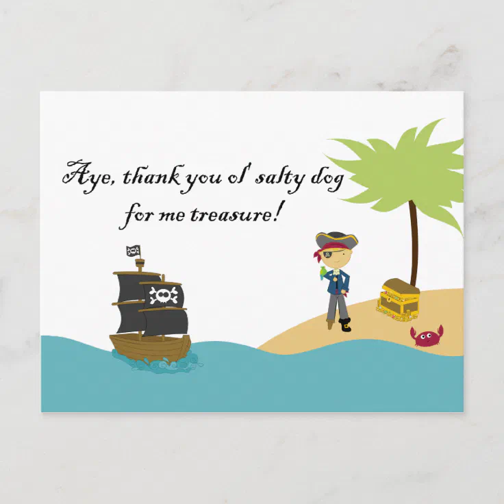 Fun cute boy's pirate thank you postcard | Zazzle