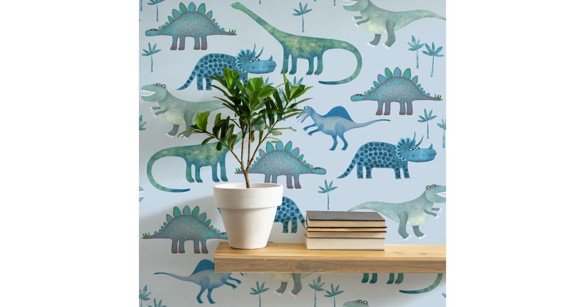Fun Dinosaur Pattern Blue Wallpaper | Zazzle