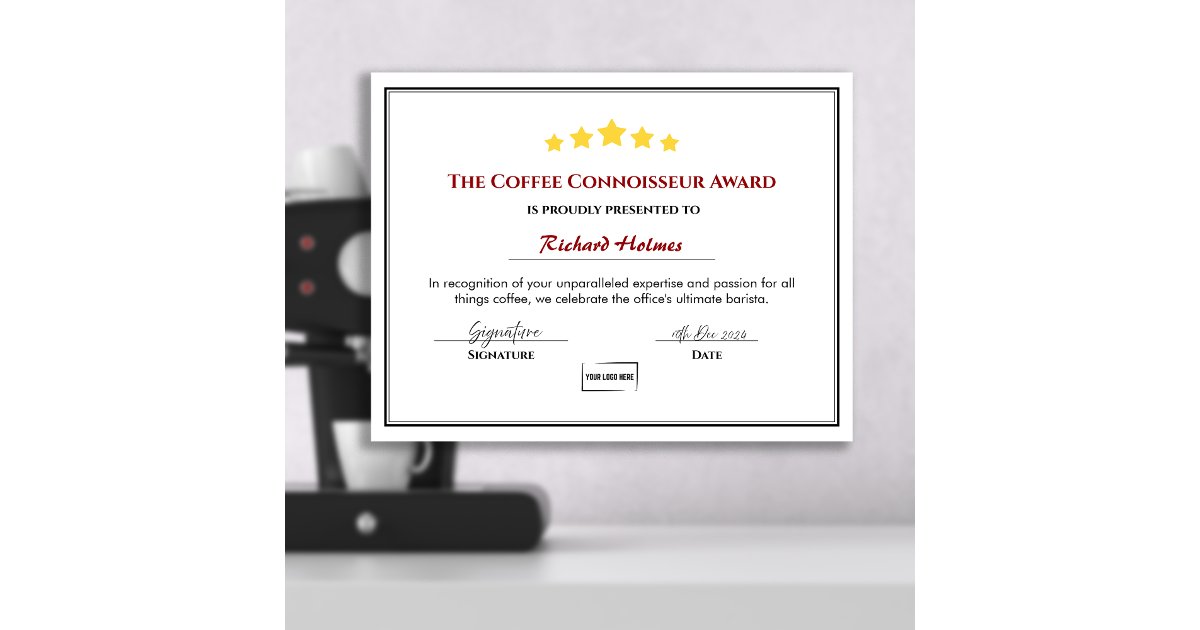 Fun Employee Award Certificate - Office Barista | Zazzle