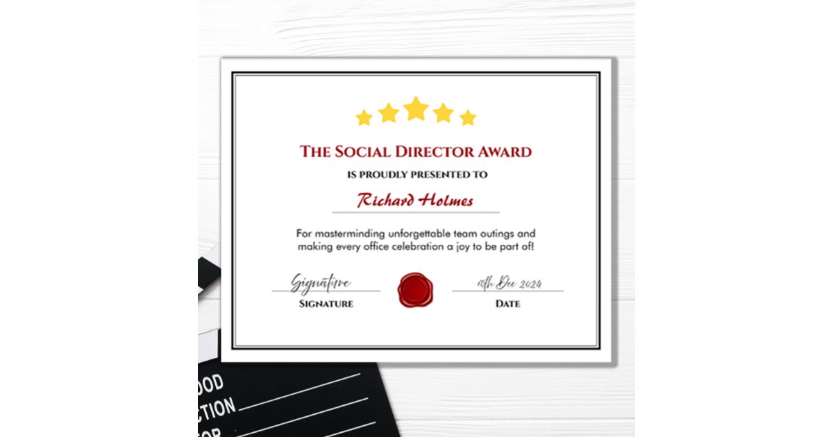 Fun Employee Award Certificate - Social Director | Zazzle