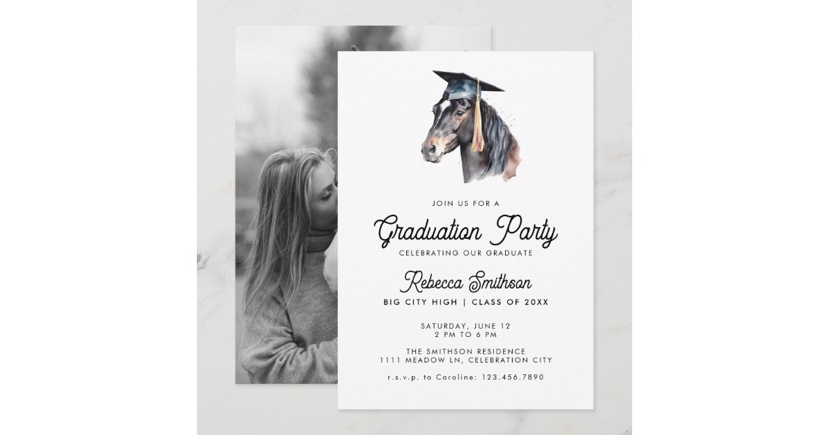 Fun Equestrian Watercolor Horse Photo Graduation Invitation | Zazzle