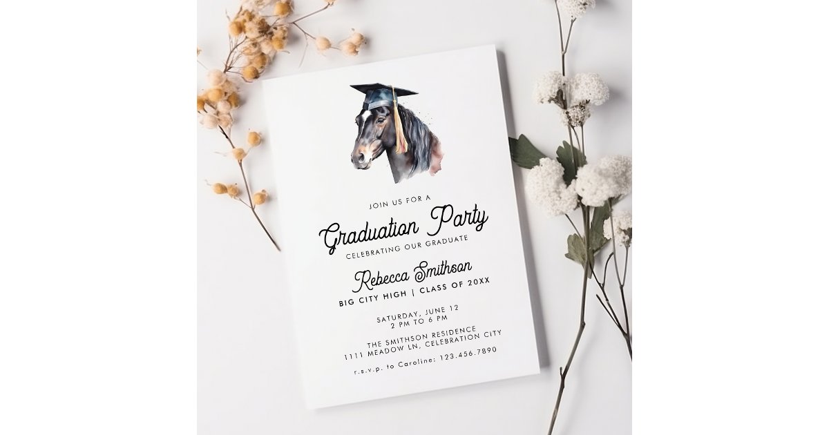Fun Equestrian Watercolor Horse Photo Graduation Invitation | Zazzle