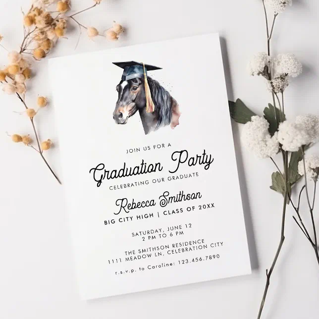Fun Equestrian Watercolor Horse Photo Graduation Invitation | Zazzle