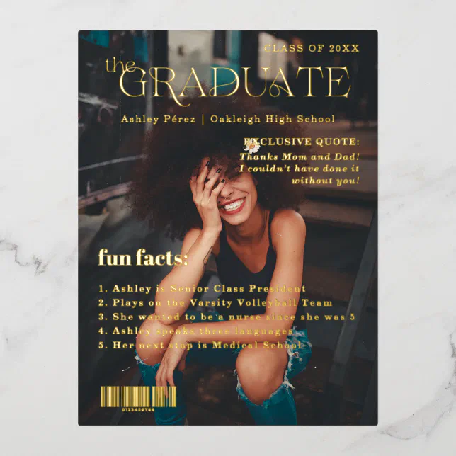 Fun Facts | Graduate Magazine Cover Photo Foil Invitation Postcard | Zazzle