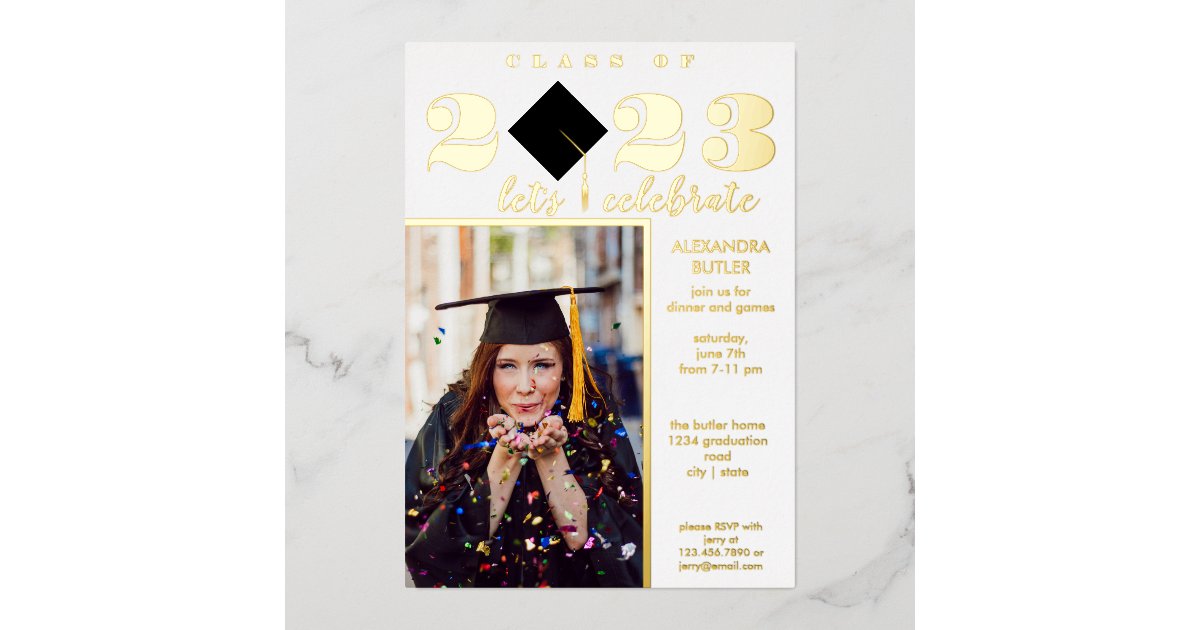 Fun Facts Photo Bold Script Class 2023 Graduation Foil Invitation | Zazzle