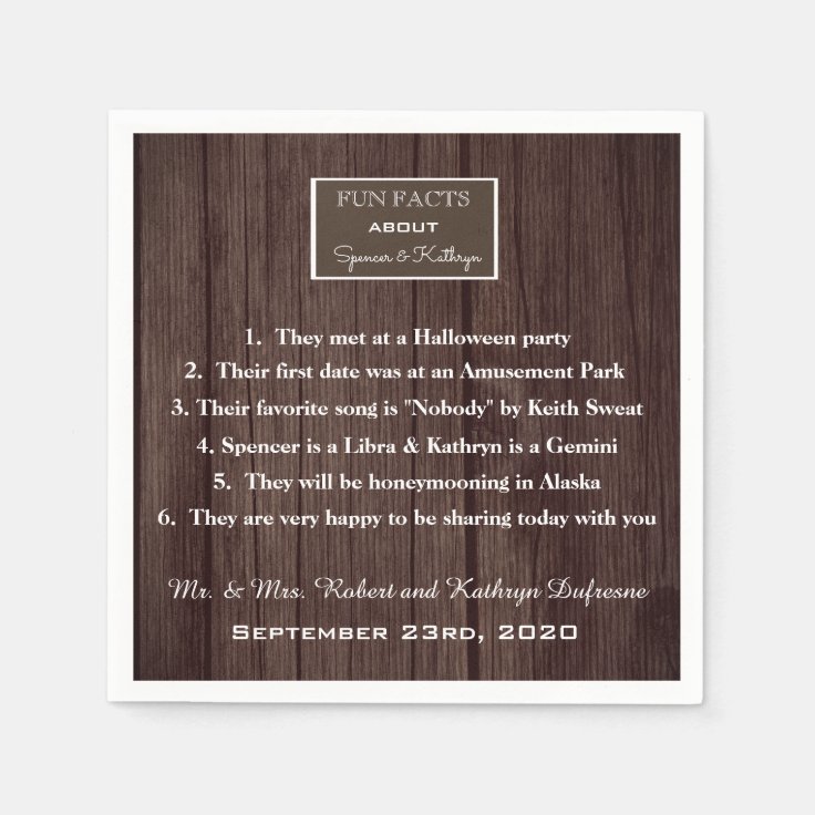 "Fun Facts" Romantic & Rustic Wedding Personalized Napkins | Zazzle