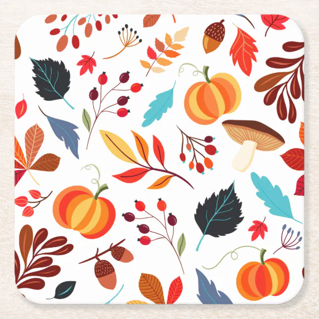 Fun fall harvest pattern square paper coaster | Zazzle