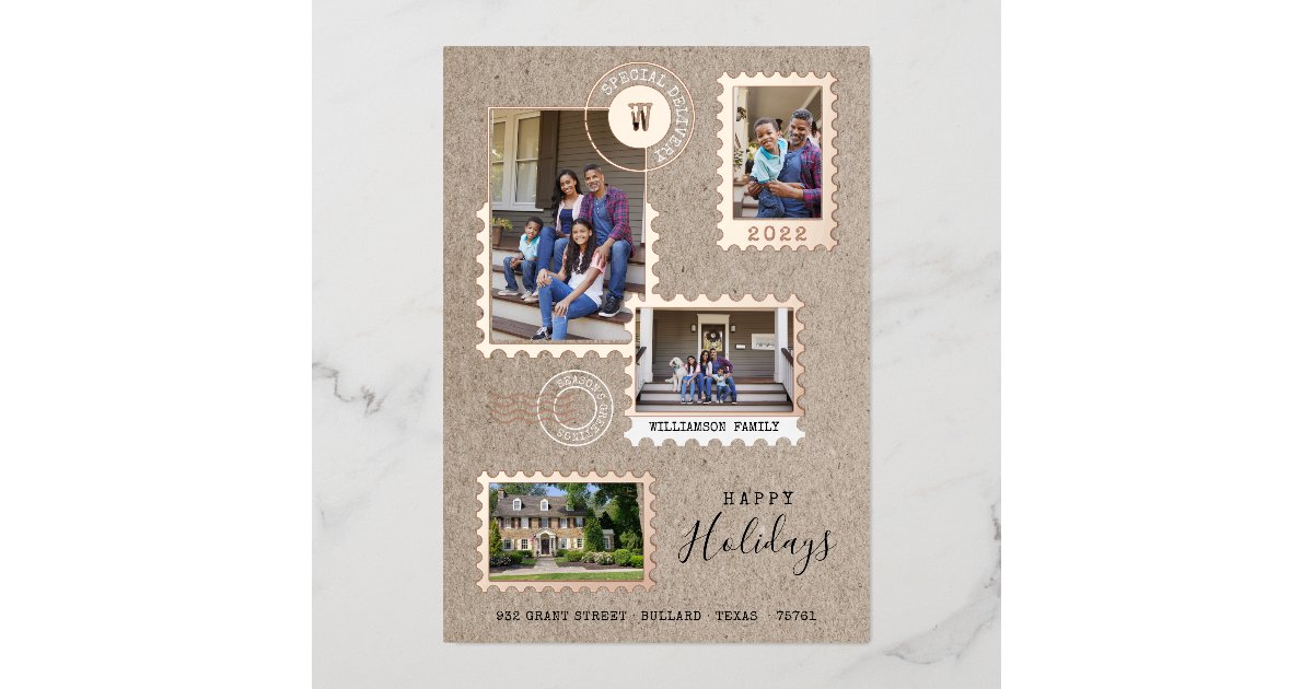 Fun Family Moving Postage Stamps Photo Collage Foil Holiday Card | Zazzle