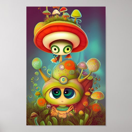 Fun Fantasy Snail and Mush Illustration Poster | Zazzle