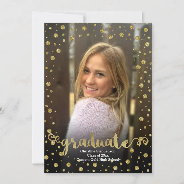 Fun Faux Gold Glitter Confetti Photo Graduation Invitation | Zazzle