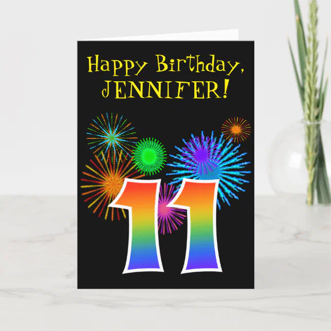 Fun Fireworks + Rainbow Pattern "11" Birthday # Card | Zazzle