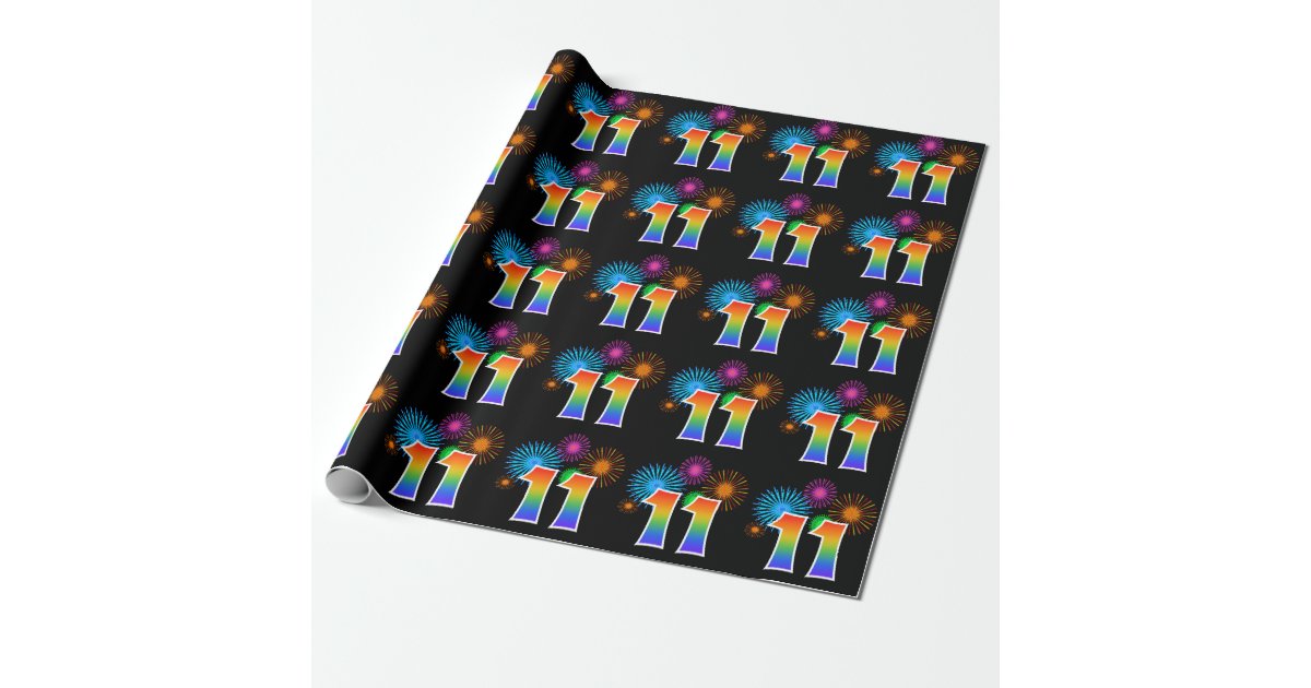 Fun Fireworks + Rainbow Pattern "11" Event Number Wrapping Paper | Zazzle