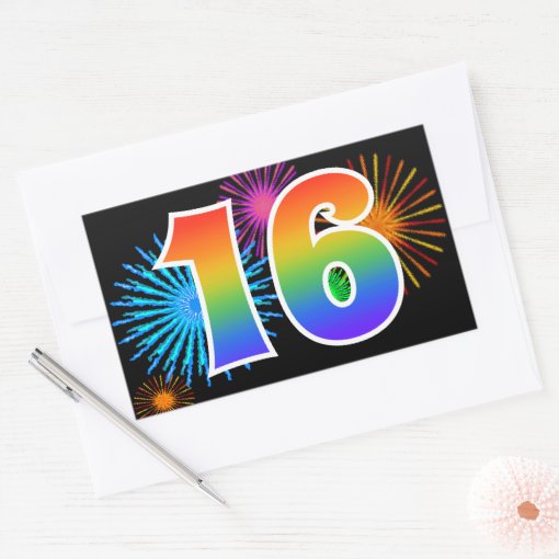 Fun Fireworks + Rainbow Pattern "16" Event Number Rectangular Sticker ...