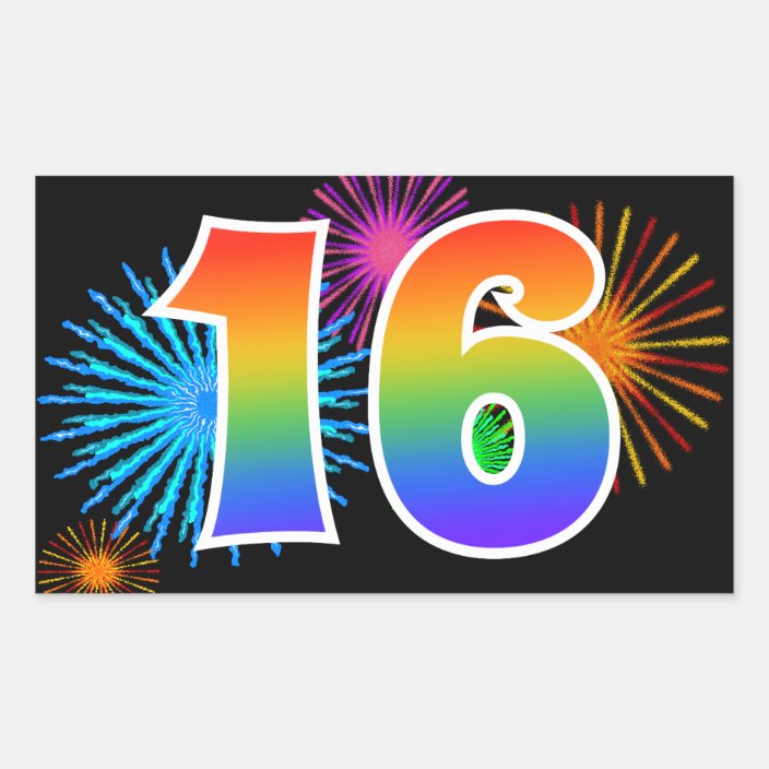 Fun Fireworks + Rainbow Pattern "16" Event Number Rectangular Sticker ...