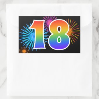 Fun Fireworks + Rainbow Pattern "18" Event Number Rectangular Sticker ...