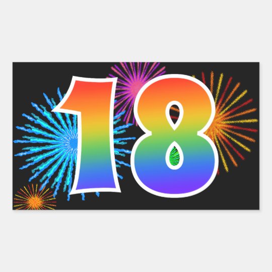 Fun Fireworks + Rainbow Pattern "18" Event Number Rectangular Sticker ...