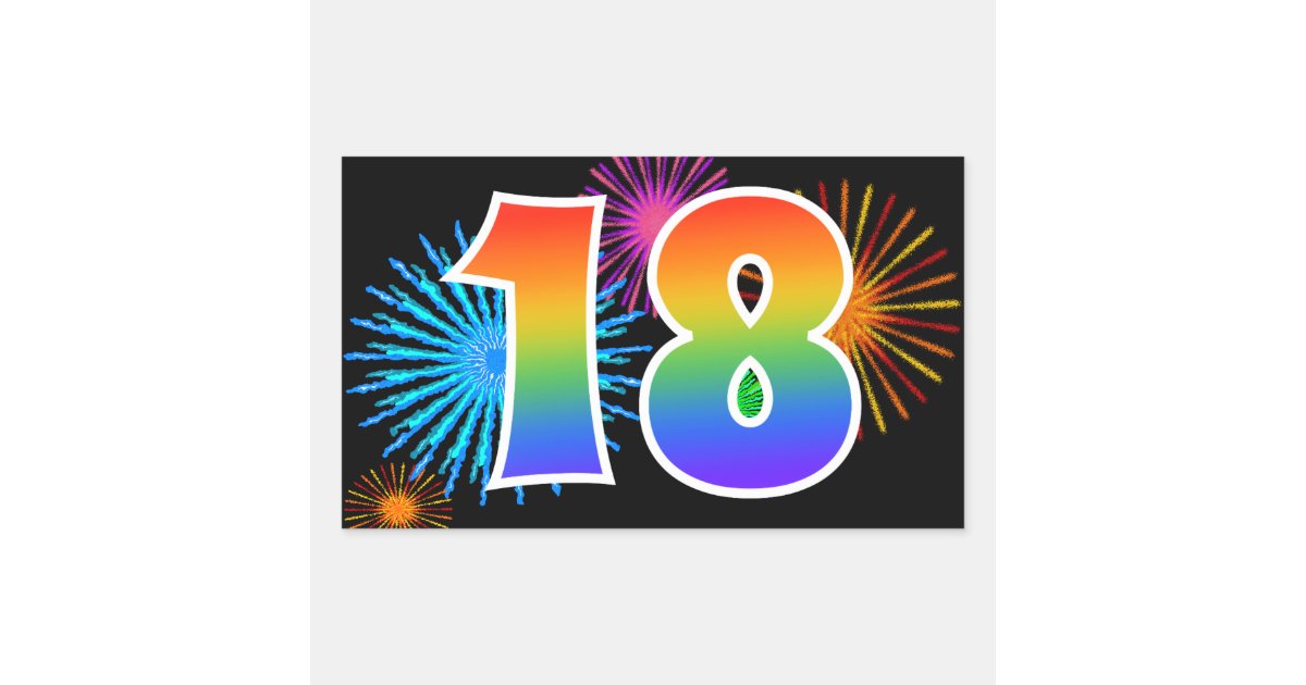 Fun Fireworks + Rainbow Pattern "18" Event Number Rectangular Sticker ...