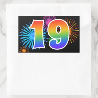 Fun Fireworks + Rainbow Pattern "19" Event Number Rectangular Sticker ...