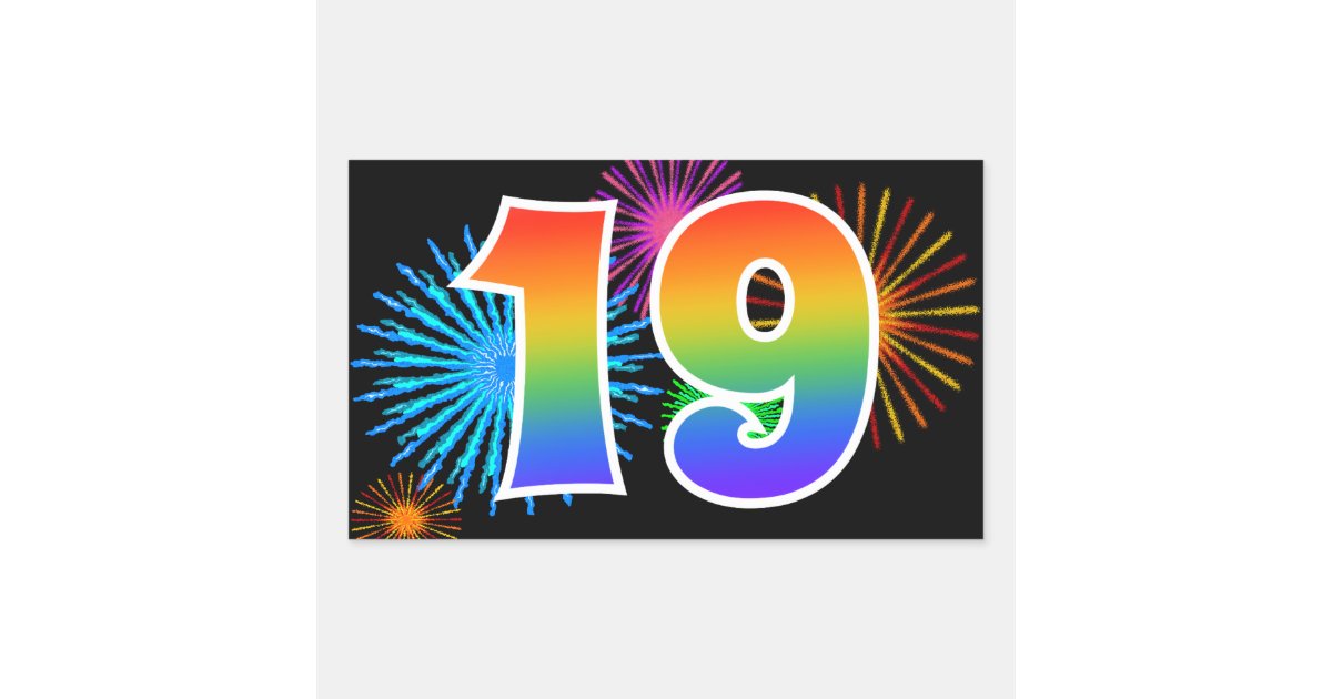 Fun Fireworks + Rainbow Pattern "19" Event Number Rectangular Sticker ...