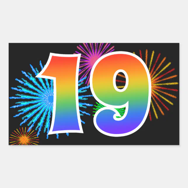 Fun Fireworks + Rainbow Pattern "19" Event Number Rectangular Sticker ...