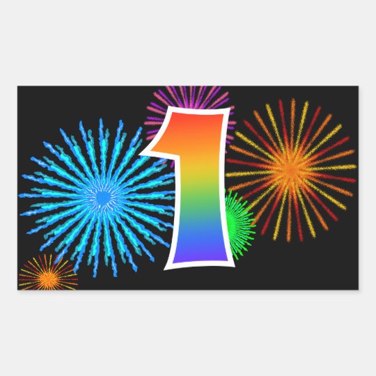 Fun Fireworks + Rainbow Pattern "1" Event Number Rectangular Sticker ...