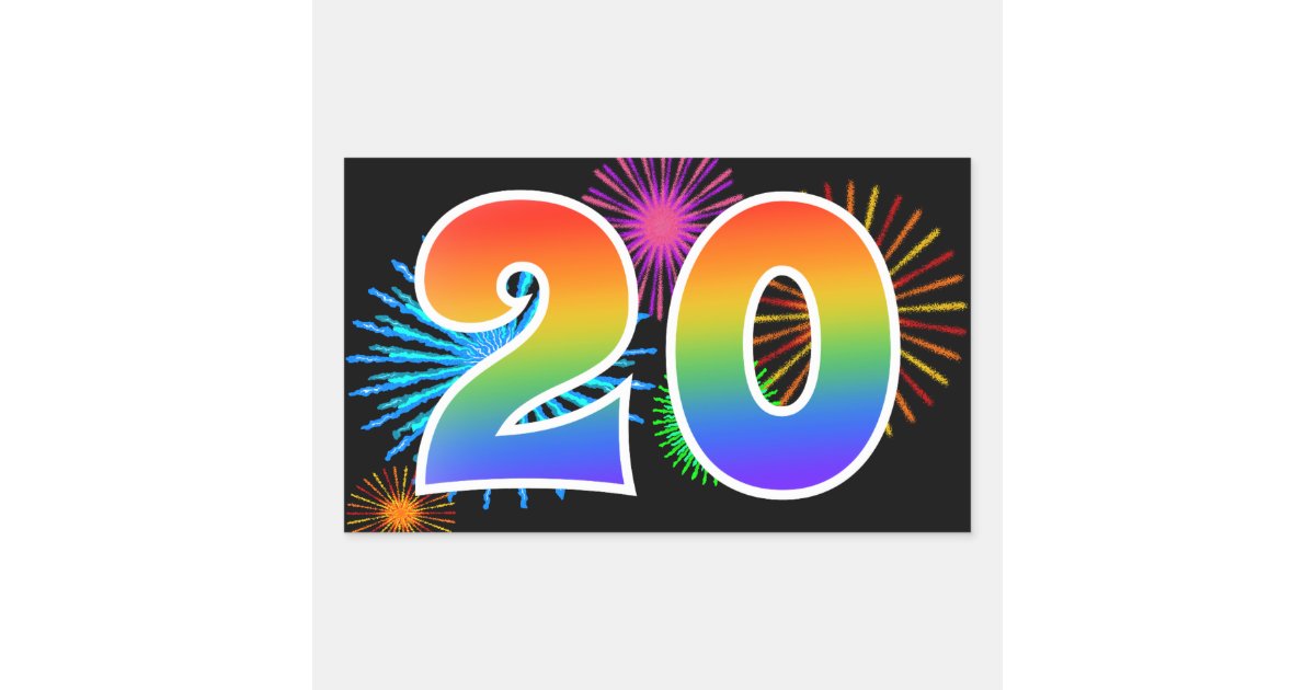 Fun Fireworks + Rainbow Pattern "20" Event Number Rectangular Sticker ...