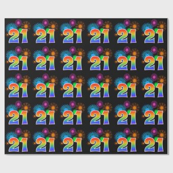 Fun Fireworks + Rainbow Pattern "21" Event Number Wrapping Paper | Zazzle