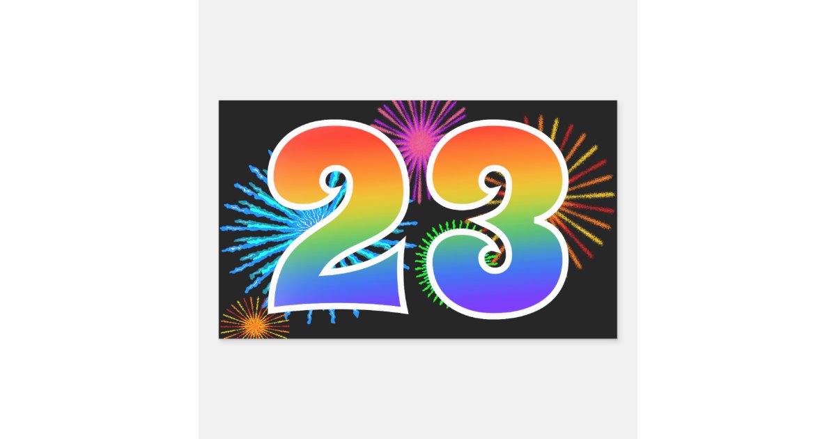 Fun Fireworks + Rainbow Pattern "23" Event Number Rectangular Sticker ...