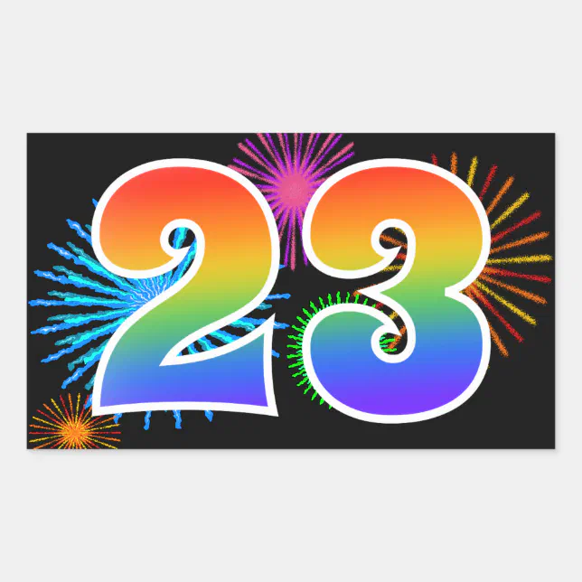 Fun Fireworks + Rainbow Pattern "23" Event Number Rectangular Sticker ...