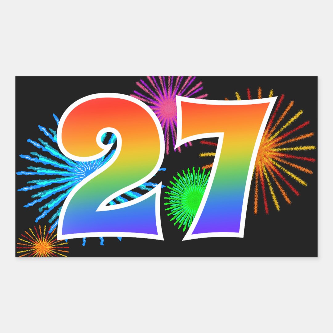 Fun Fireworks + Rainbow Pattern "27" Event Number Rectangular Sticker ...