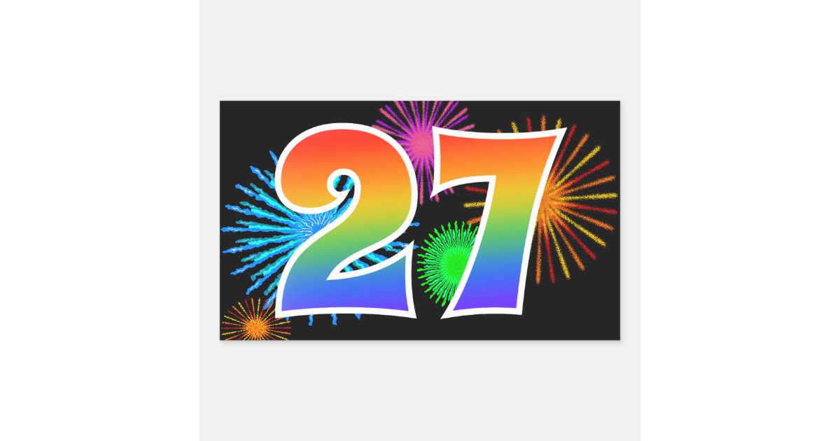 Fun Fireworks + Rainbow Pattern "27" Event Number Rectangular Sticker ...