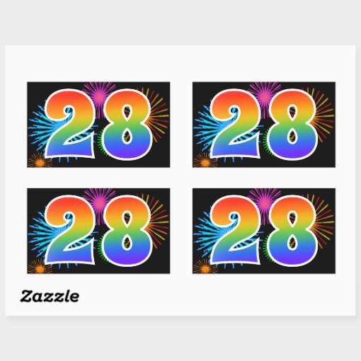 Fun Fireworks + Rainbow Pattern "28" Event Number Rectangular Sticker ...