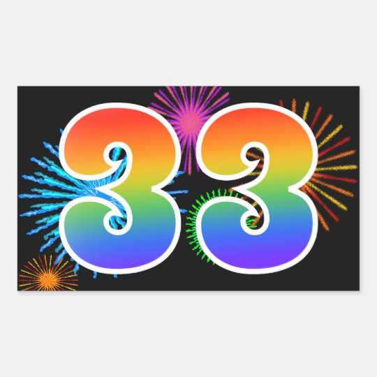 Fun Fireworks + Rainbow Pattern "33" Event Number Rectangular Sticker ...