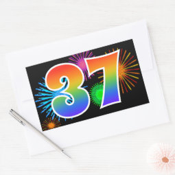 Fun Fireworks + Rainbow Pattern "37" Event Number Rectangular Sticker ...