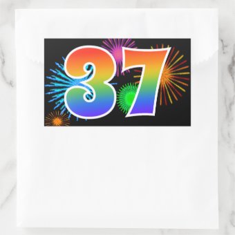 Fun Fireworks + Rainbow Pattern "37" Event Number Rectangular Sticker ...