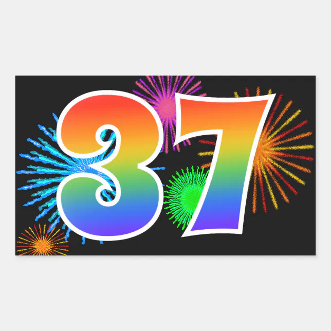 Fun Fireworks + Rainbow Pattern "37" Event Number Rectangular Sticker ...