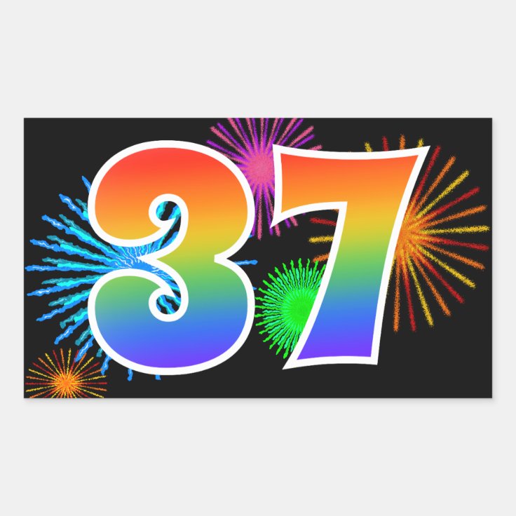 Fun Fireworks + Rainbow Pattern "37" Event Number Rectangular Sticker ...