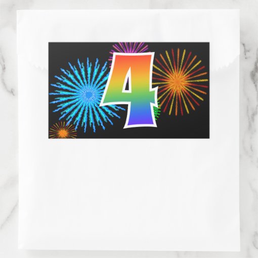 Fun Fireworks + Rainbow Pattern "4" Event Number Rectangular Sticker ...