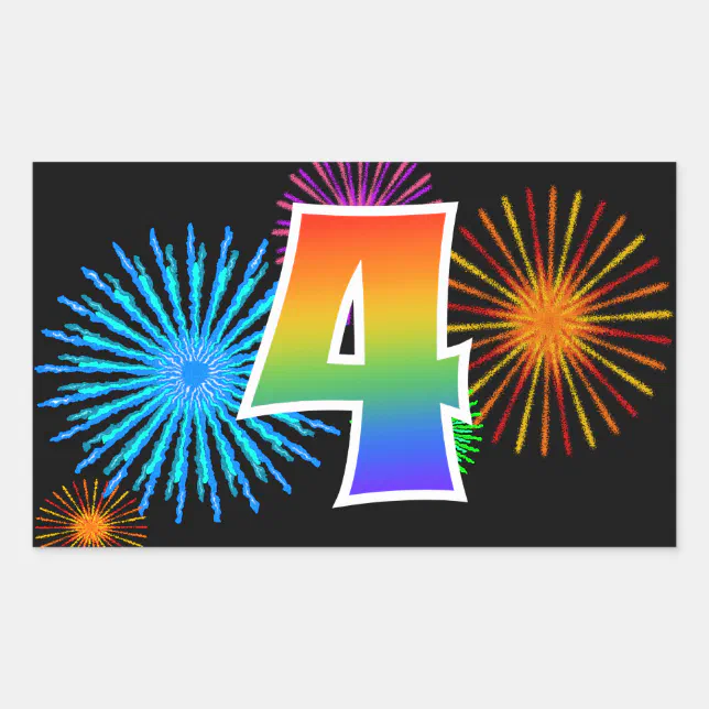 Fun Fireworks + Rainbow Pattern "4" Event Number Rectangular Sticker ...