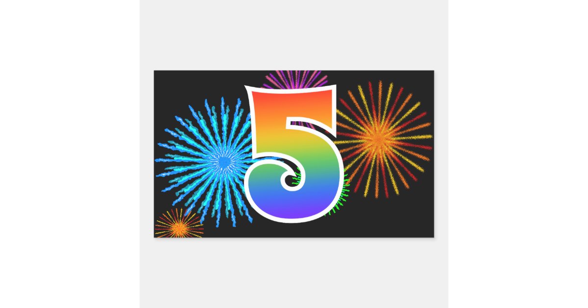 Fun Fireworks + Rainbow Pattern "5" Event Number Rectangular Sticker ...