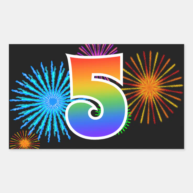 Fun Fireworks + Rainbow Pattern "5" Event Number Rectangular Sticker ...