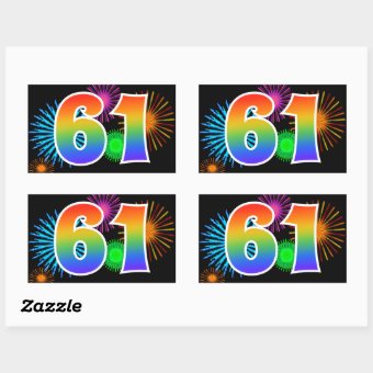 Fun Fireworks + Rainbow Pattern "61" Event Number Rectangular Sticker ...